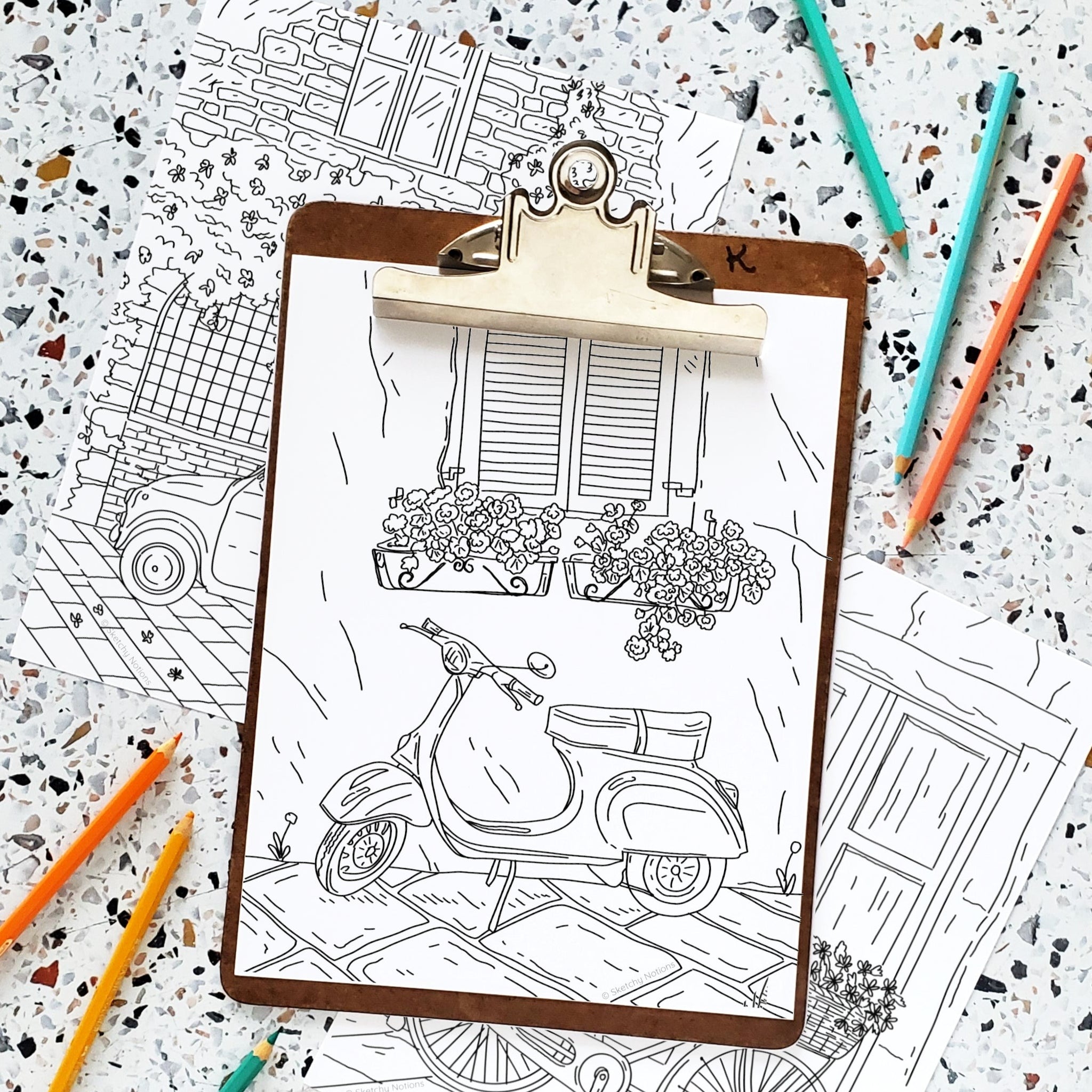 Italia Rides Coloring Page Printables | Vespa, Fiat and Bicycle Scenes ...