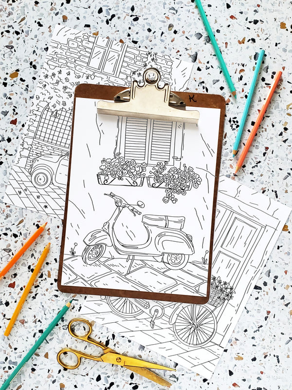 Italia Rides Coloring Page Printables | Vespa, Fiat and Bicycle Scenes ...