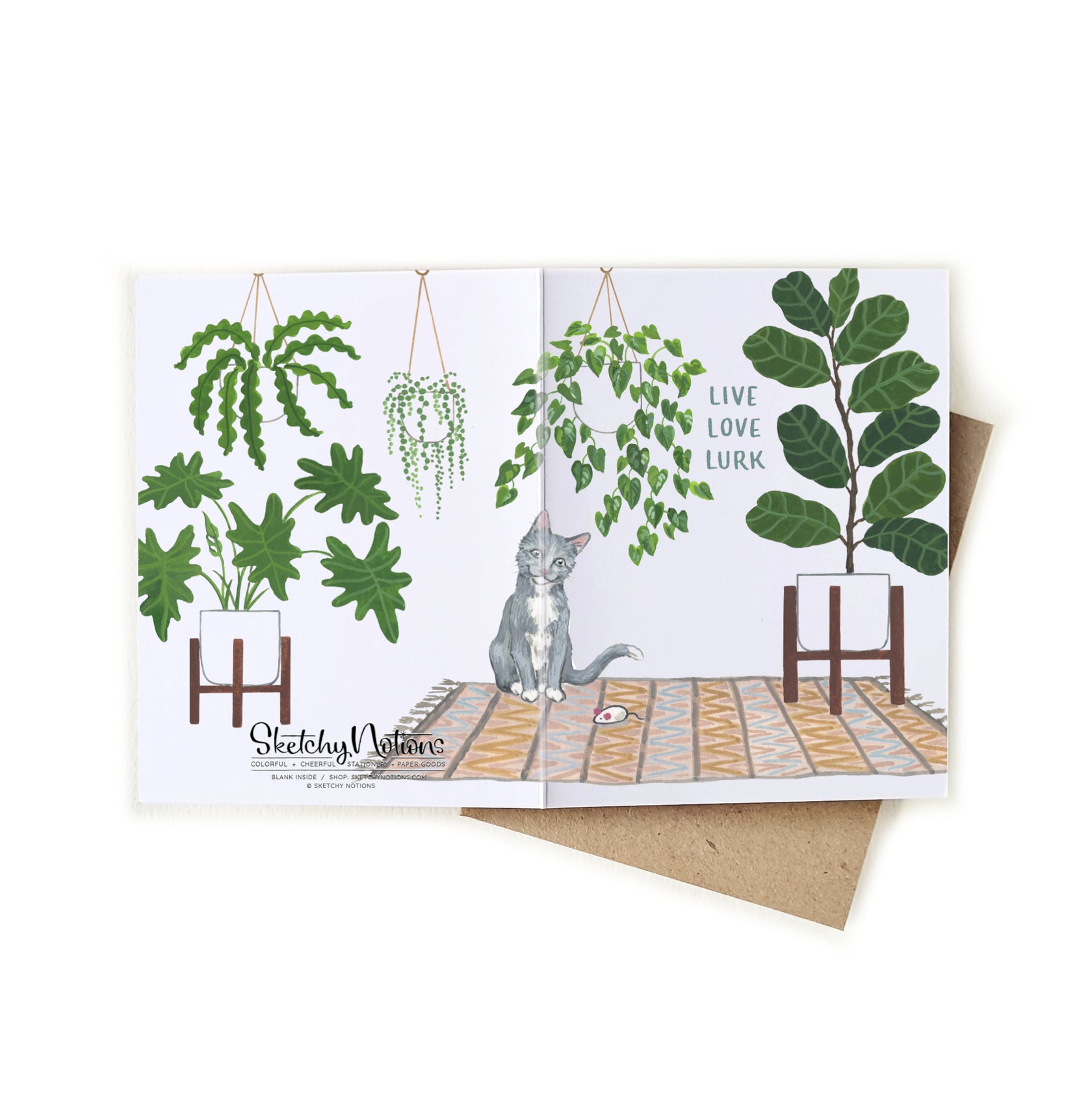 Live Love Lurk Sneaky Cat Card | Watercolor Cat Lady Card – Sketchy Notions