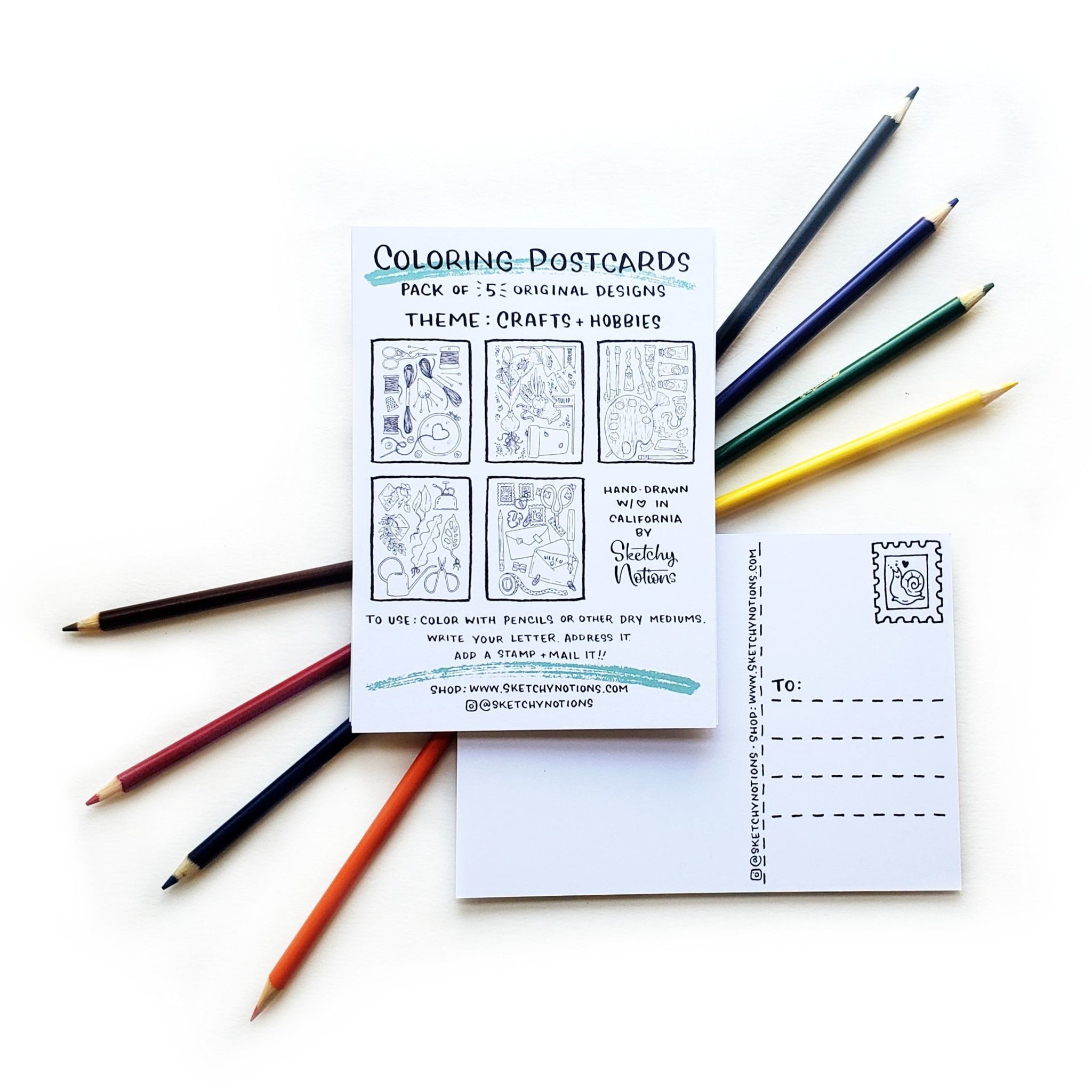 Coloring Postcards Crafts + Hobby Themed | Hand-drawn Illustrations ...