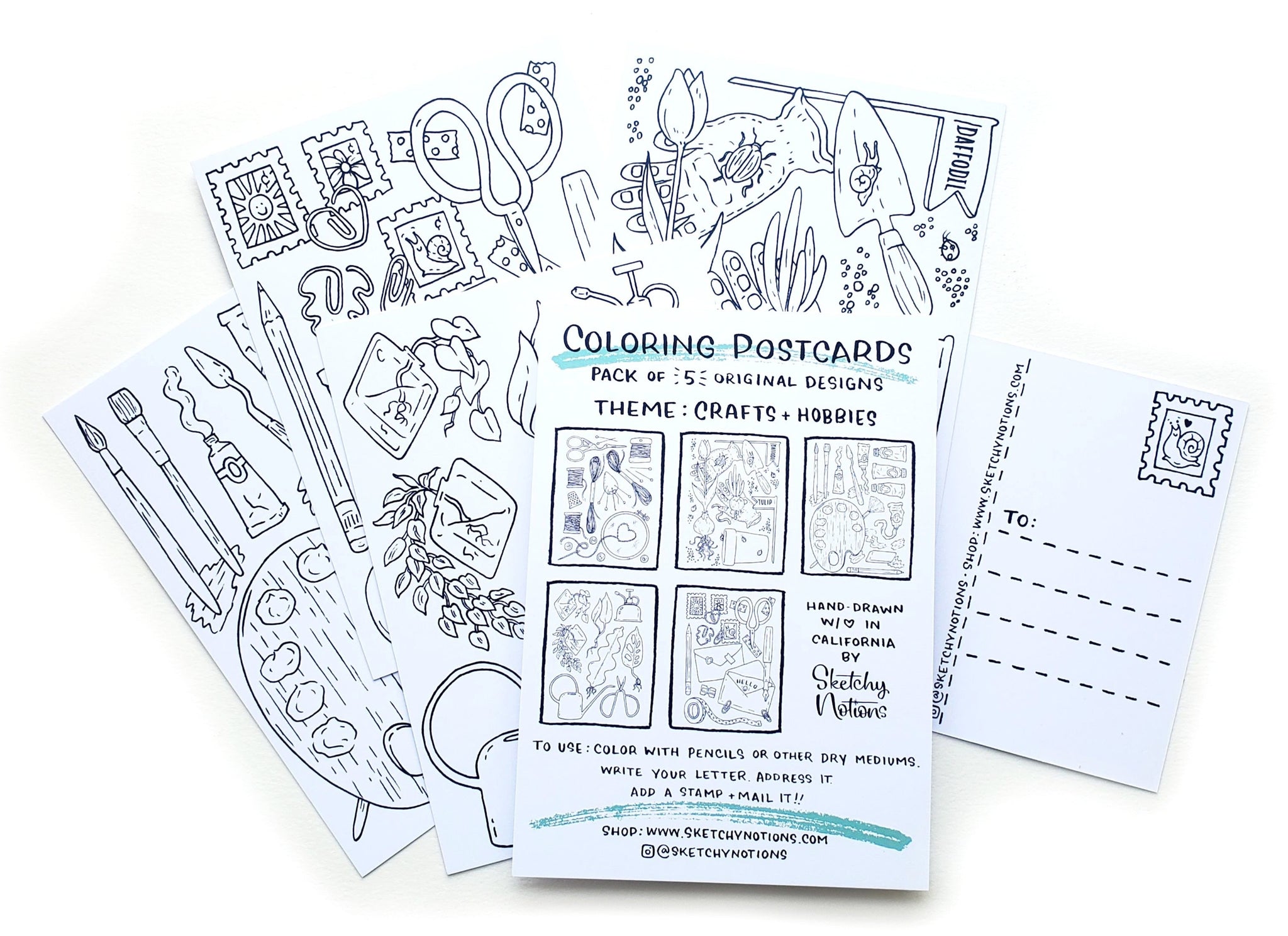 Coloring Postcards Crafts + Hobby Themed | Hand-drawn Illustrations ...