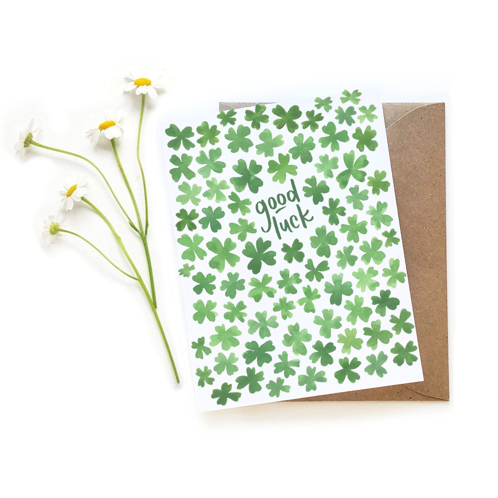 Good Luck Four-Leaf Clovers Card | Watercolor with Hand-lettering – Sketchy Notions
